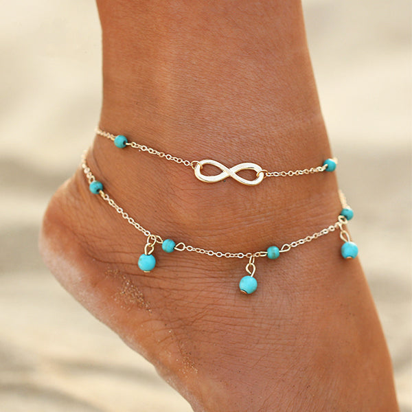 Womens Boho Style Infinity Double Anklet with Blue Beads – Gifts Are Blue