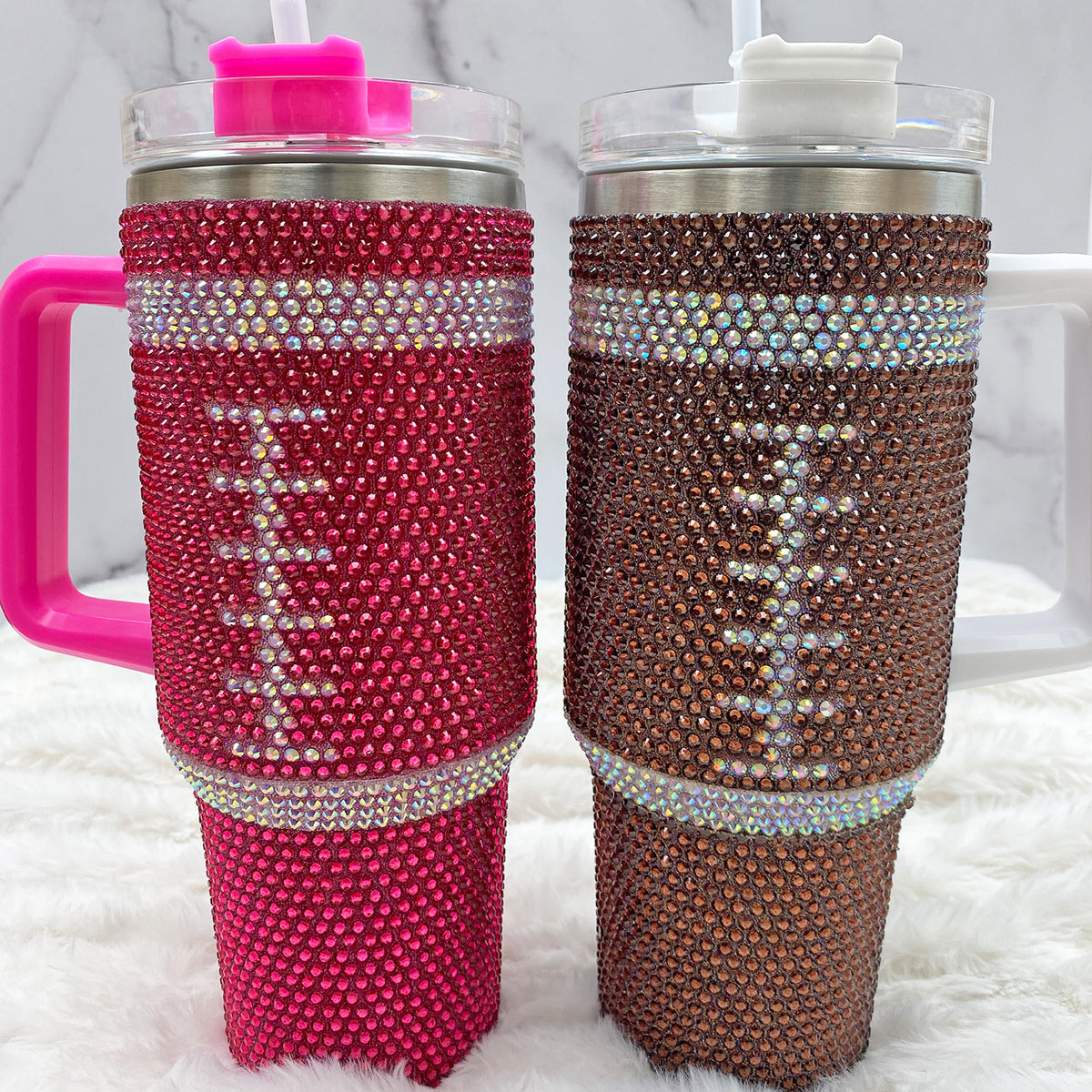 40oz Pink and Brown Bling Rhinestone Football Tumbler with Straw and L ...