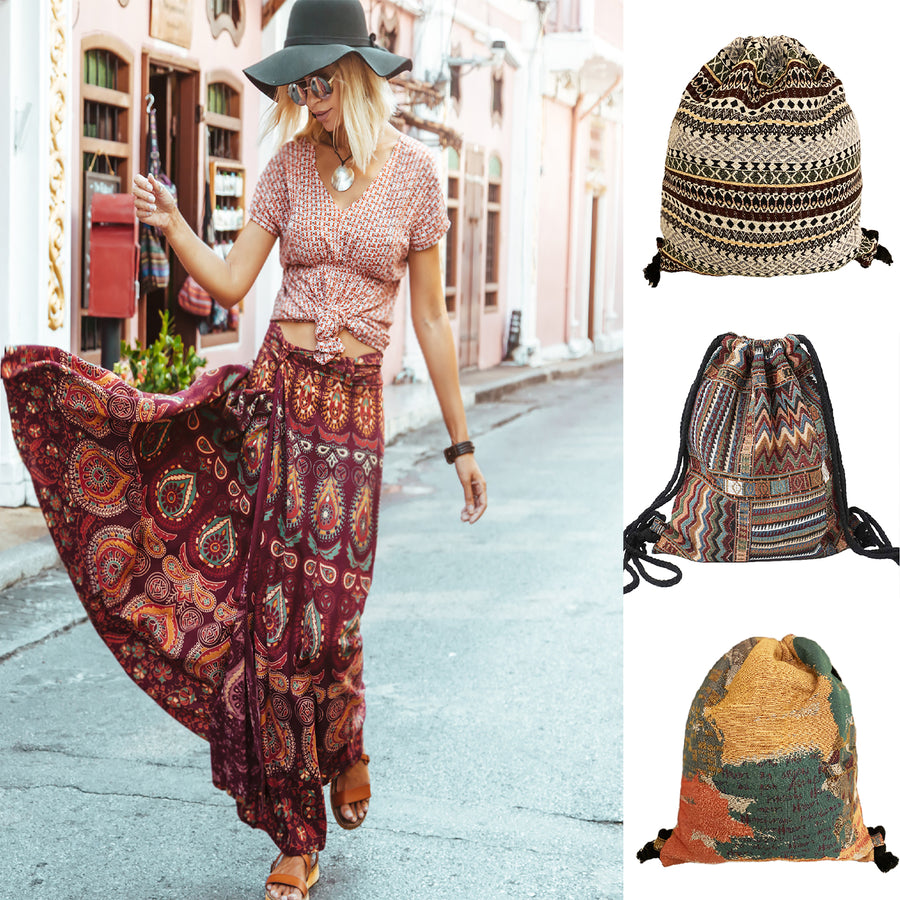 Lilyhood Boho Chic Fabric Drawstring Backpack with Ethnic Designs ...